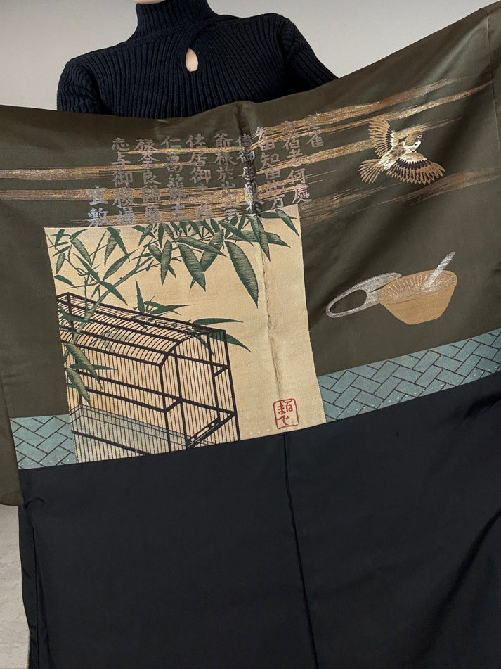 VINTAGE KUROMONTSUKI HAORI "donsu, suzume" – MACHIKO KIMONO Japanese ...
