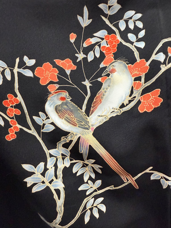 VINTAGE BLACK HAORI "painted, bird tree" – MACHIKO KIMONO Japanese ...